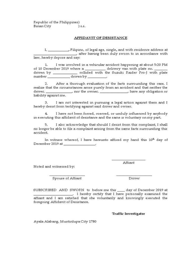 Affidavit of Desistance Sample Form | PDF | Social Science