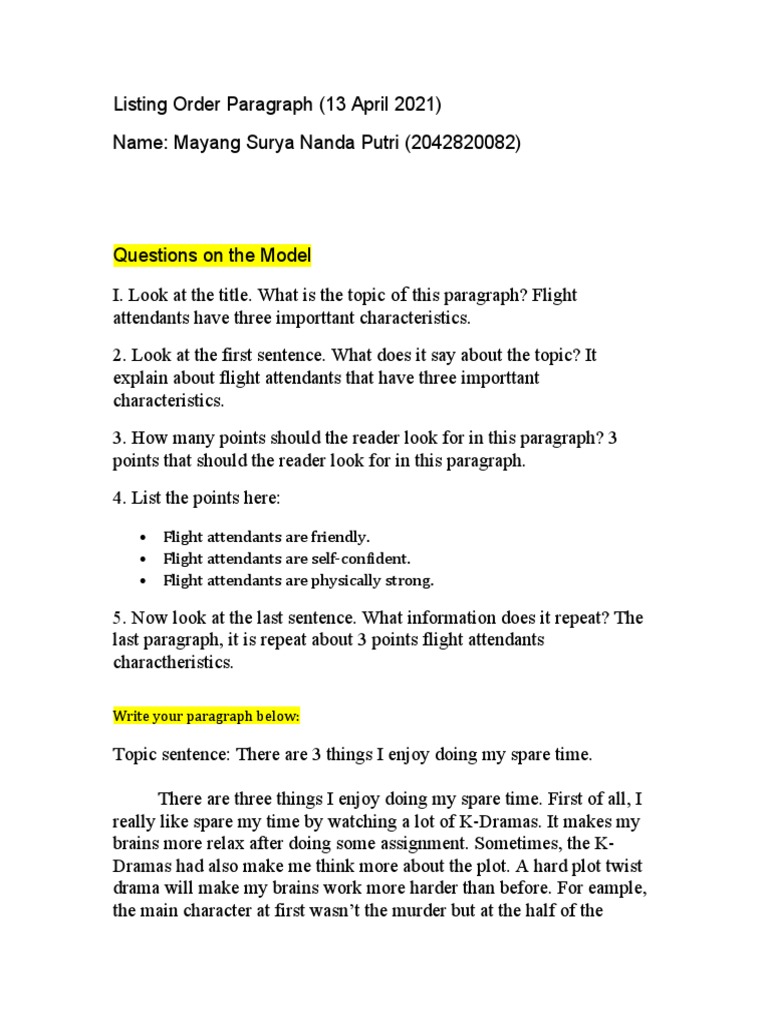 Mayang - Listing Order Paragraph - Answer Sheet | PDF