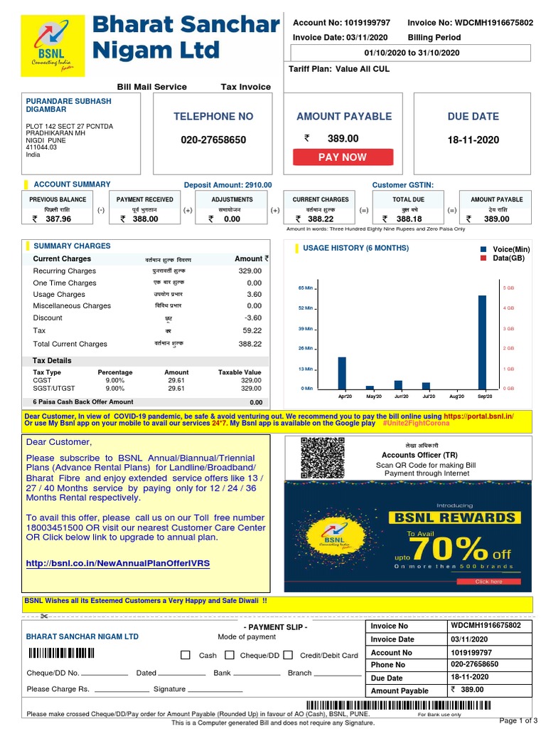 BSNL - October 2020 Bill | PDF | Cheque | Invoice