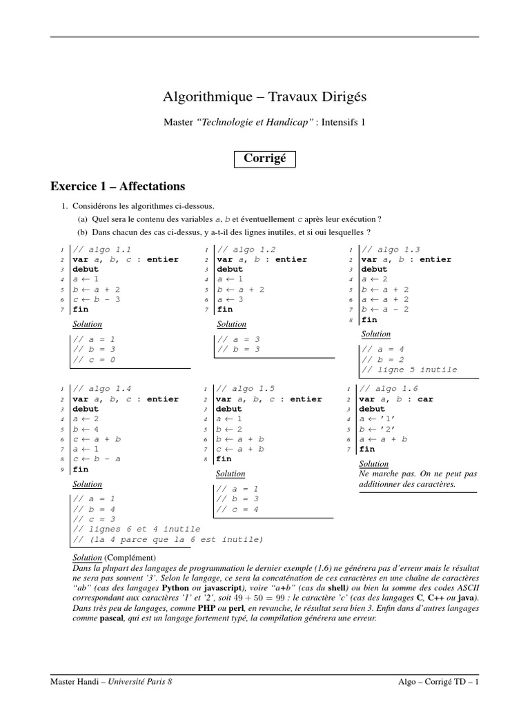 Corrigé TD Algorithmes Master Handi | PDF | Variable (informatique) | Langage de programmation