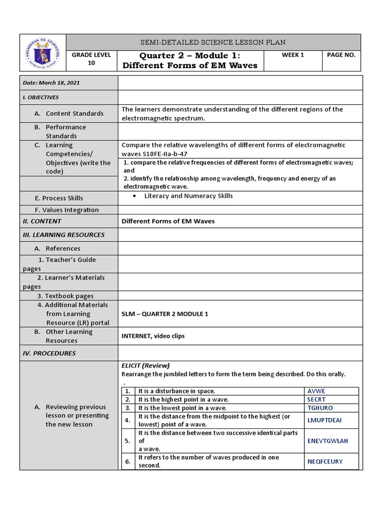 Quarter 2 - Module 1: Different Forms of EM Waves: Grade Level 10 Week ...