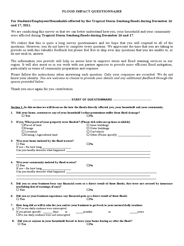 Flood Impact Assessment Questionnaire | PDF | Flood | Questionnaire