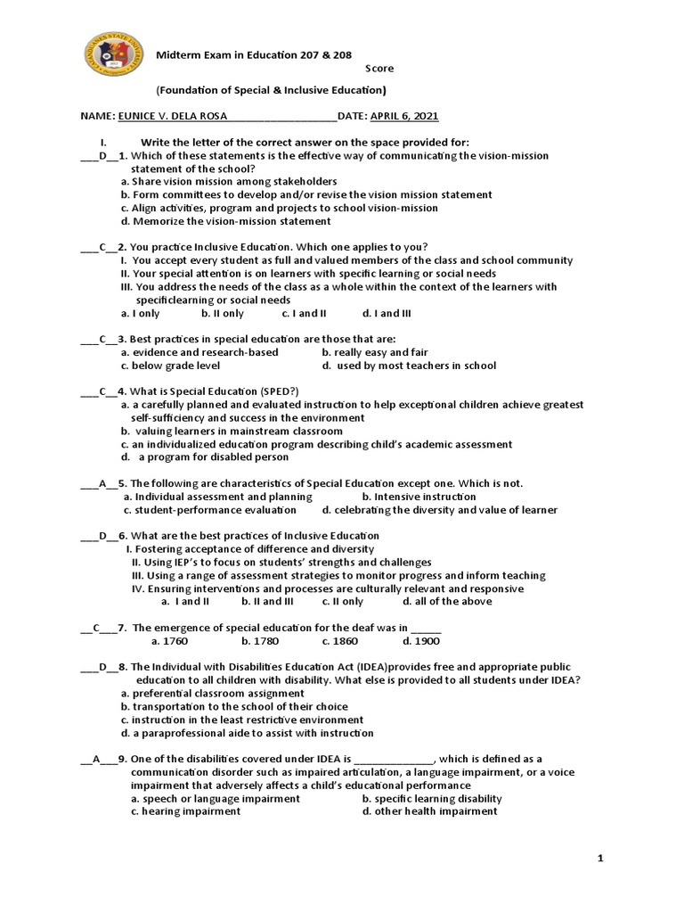 Midterm Exam: Special & Inclusive Education | PDF | Special Education ...