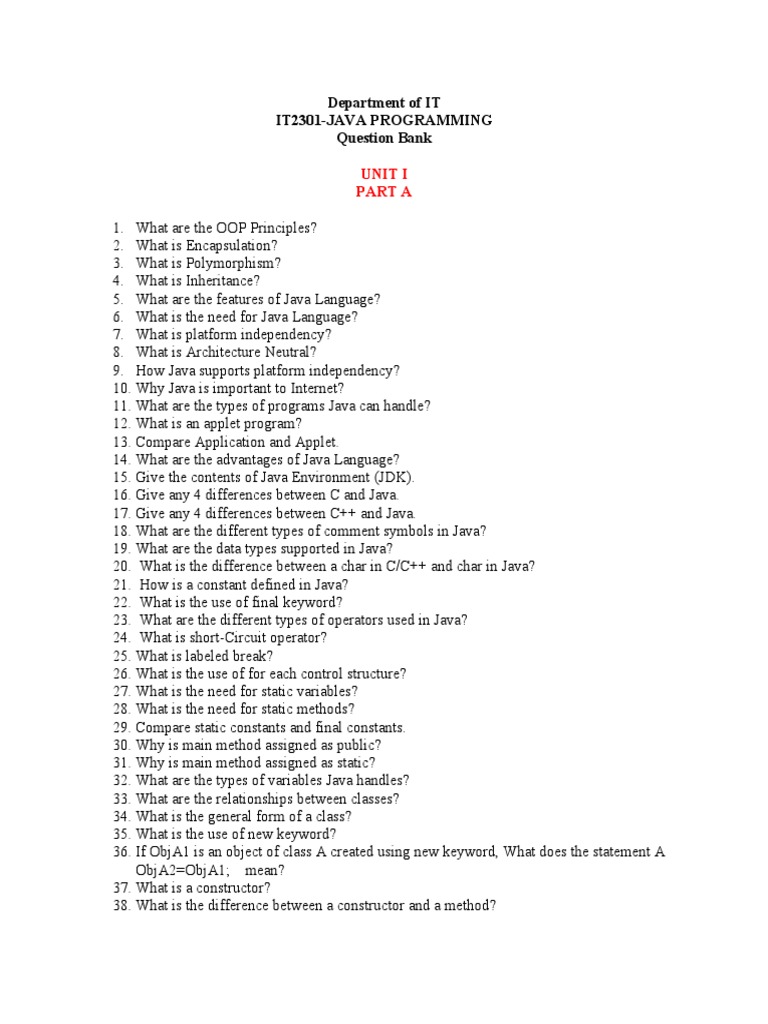 Department of IT It2301-Java Programming Question Bank: Unit I Part A | PDF | Class (Computer ...