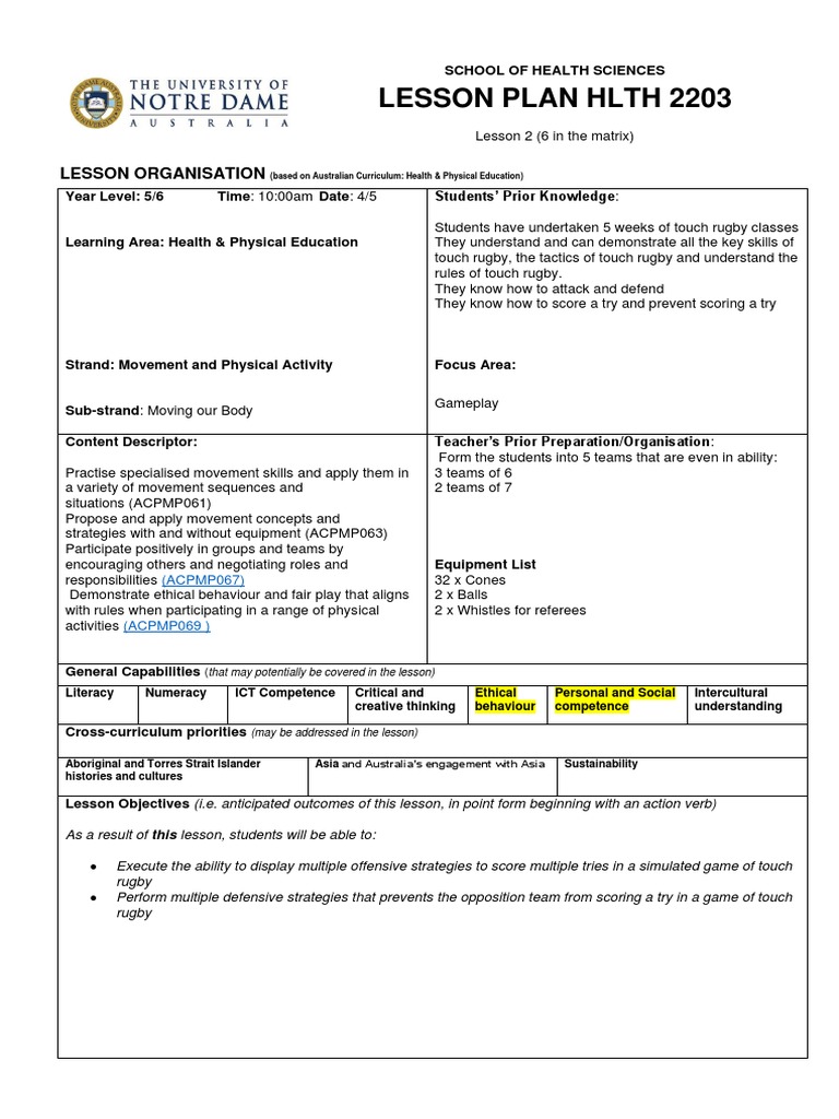 Touch Rugby-Lesson Plan 2 | PDF | Physical Education | Teachers