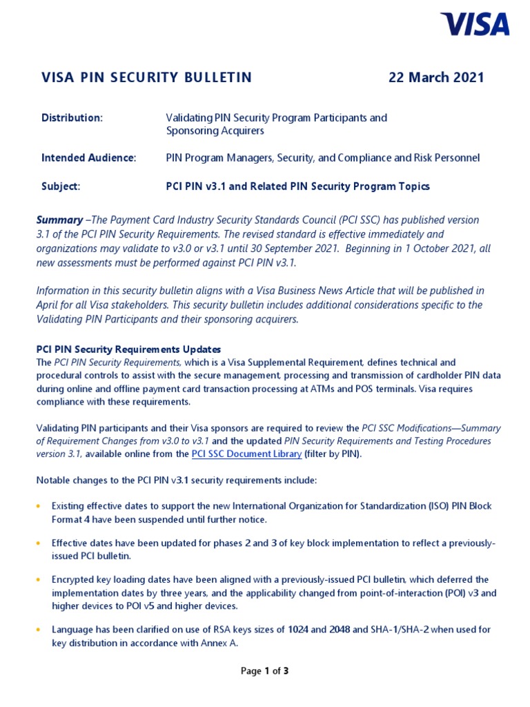 Visa Security Bulletin-PCI PIN v3.1 and Other News - Mar 2021 | PDF ...