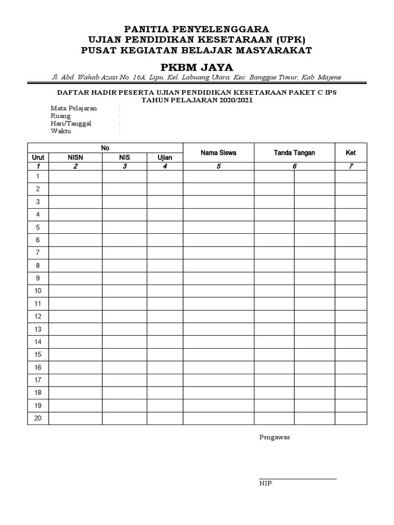 Daftar Hadir Ujian PKBM | PDF