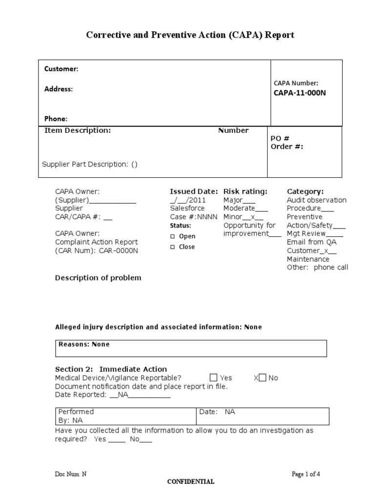 Corrective and Preventive Action (CAPA) Report: Customer: Address ...