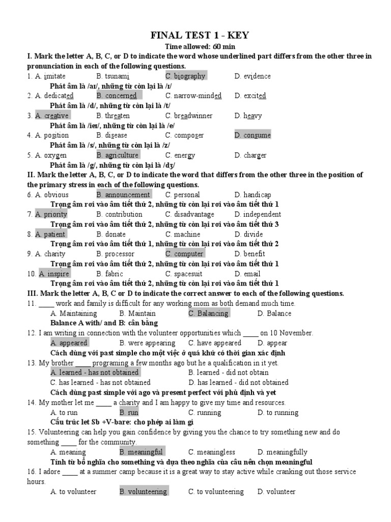 Final Test 1 K 1 - Key | PDF