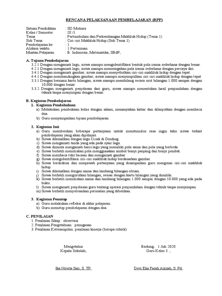 RPP KLS 3 Tema 1 Sub 1 | PDF