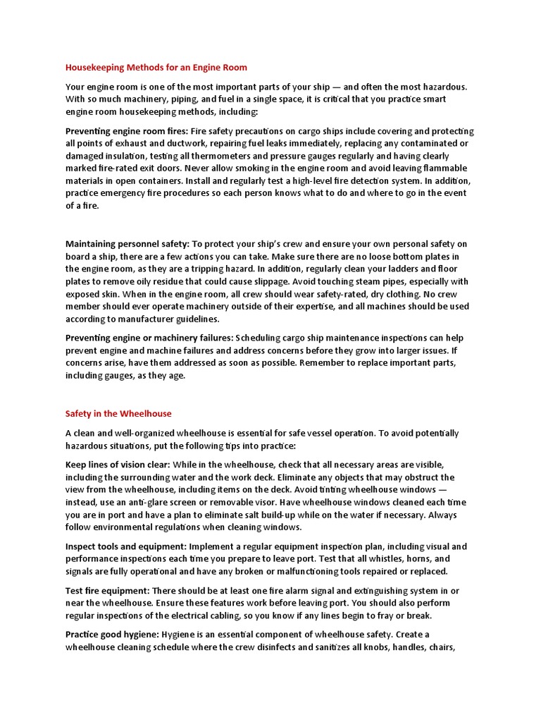 Housekeeping Methods For An Engine Room | PDF | Hygiene | Safety