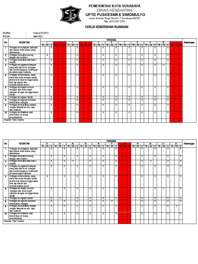 Ceklist Kebersihan Ruangan - Ruang Farmasi PUSTU | PDF