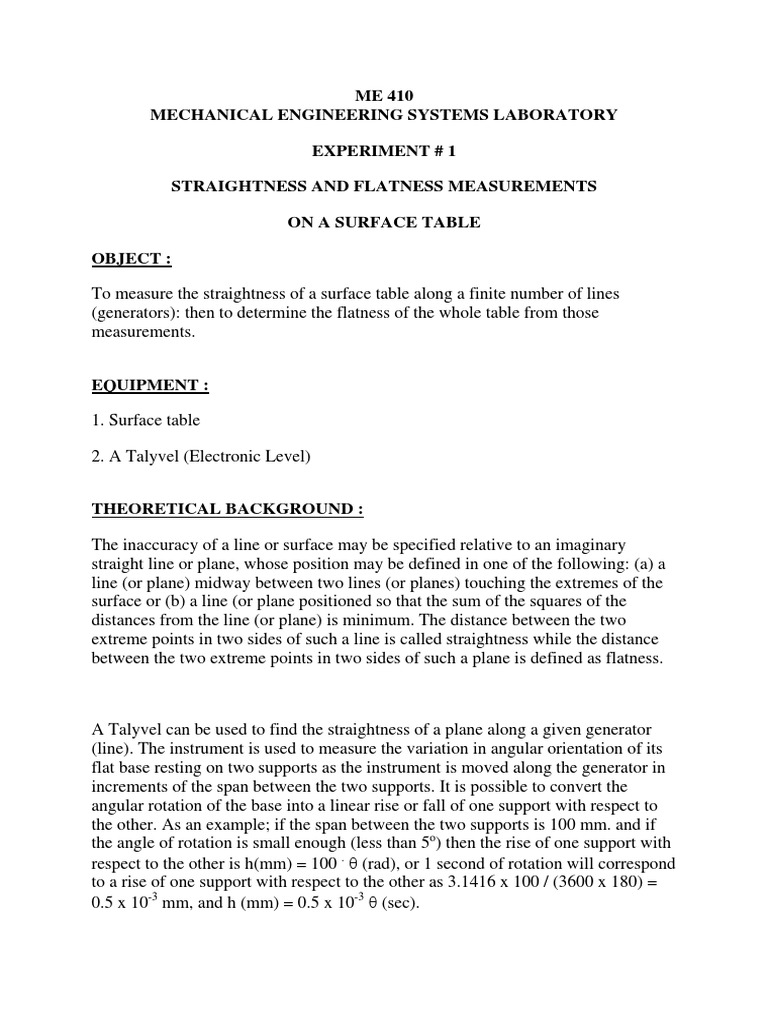 ME 410 Mechanical Engineering Systems Laboratory Experiment # 1 Straightness and Flatness ...