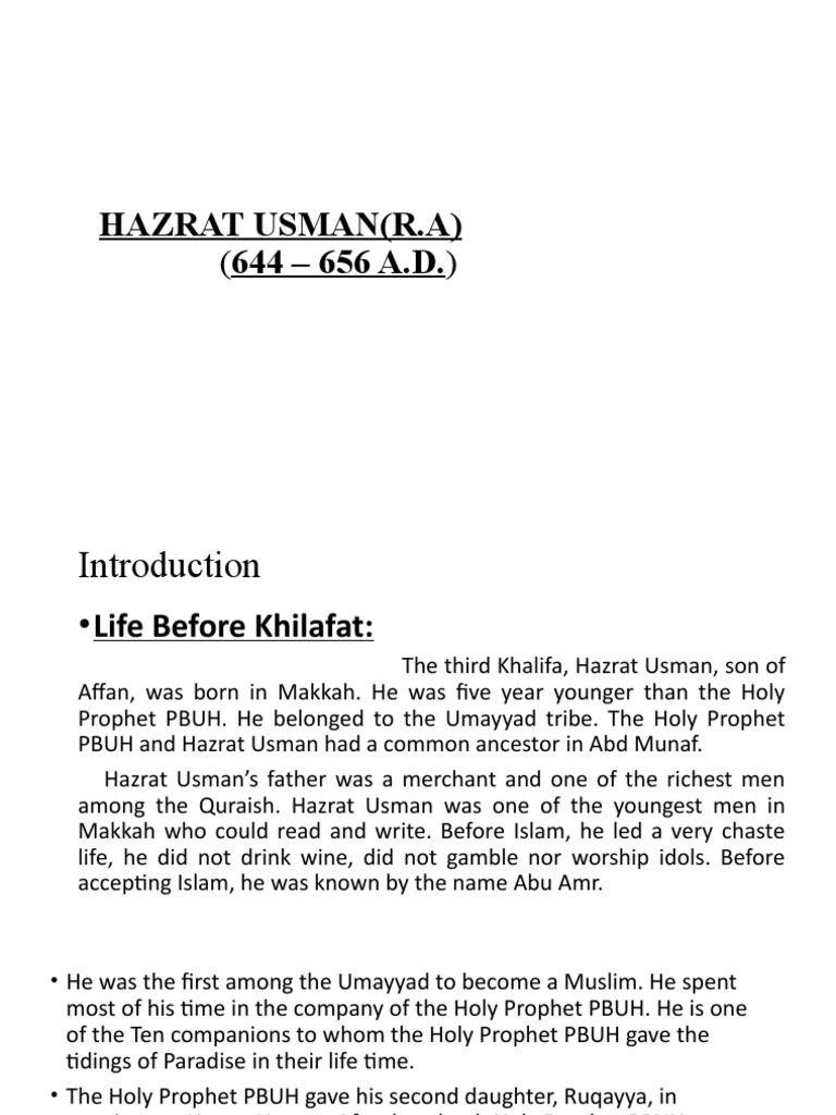 Hazrat Usman R A 644 656 A D Pdf Caliphate Umar