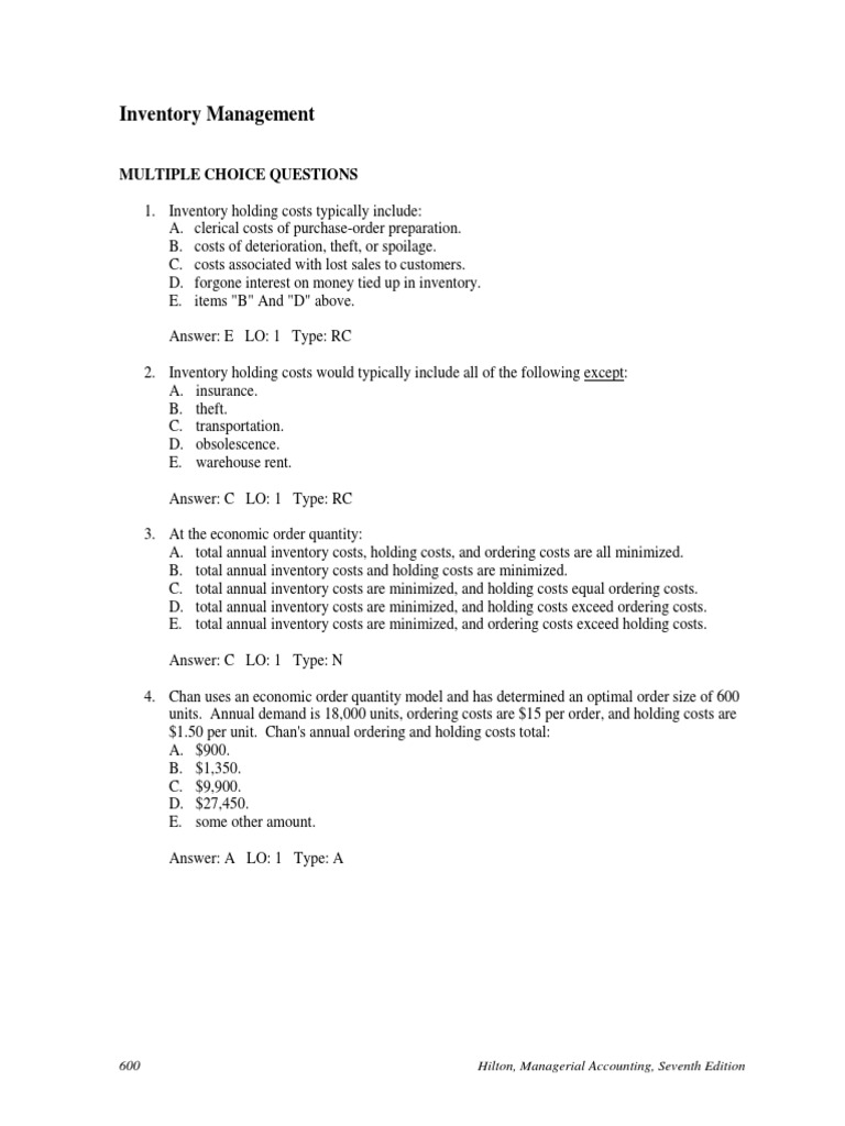 Inventory Management: Multiple Choice Questions | PDF | Inventory ...