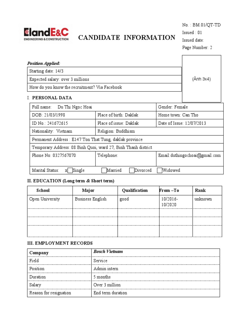 Candidate Information: Position Applied | PDF | Career & Growth