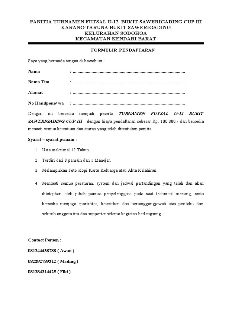 Formulir Pendaftaran Futsal | PDF