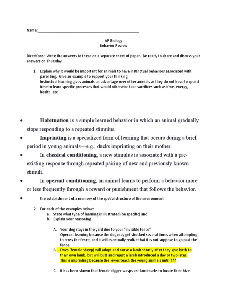 Animal Behavior Practice Sheet | PDF | Pheromone | Learning