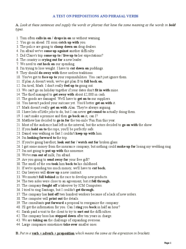 A Test On Preposition and Phrasal Verb | PDF | Phrase
