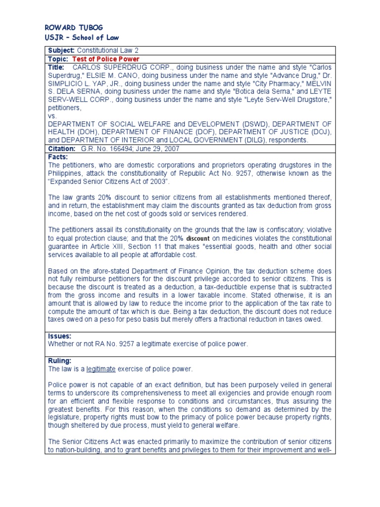 Carlos Superdrug Corporation vs. DSWD, Et Al., Test of Police Power ...