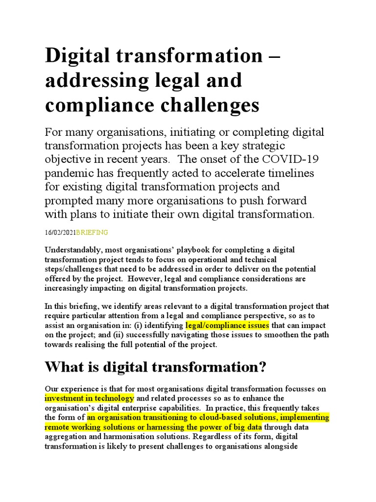 Digital Transformation - Addressing Legal and Compliance Challenges ...