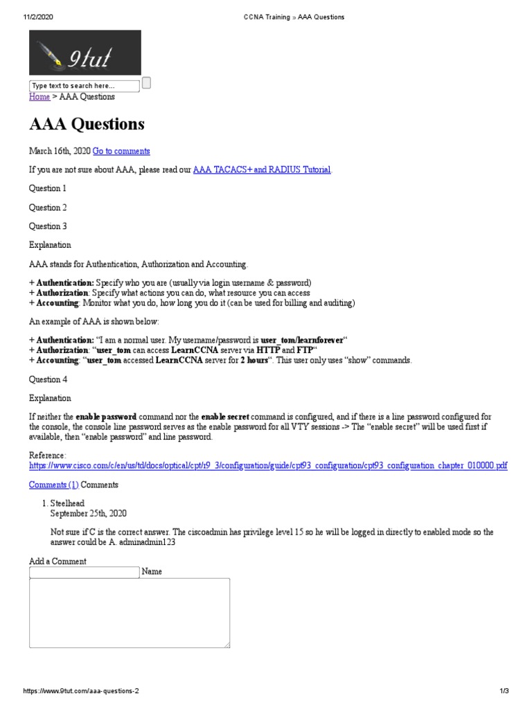 CCNA AAA Exam Prep | PDF | Password | File Transfer Protocol