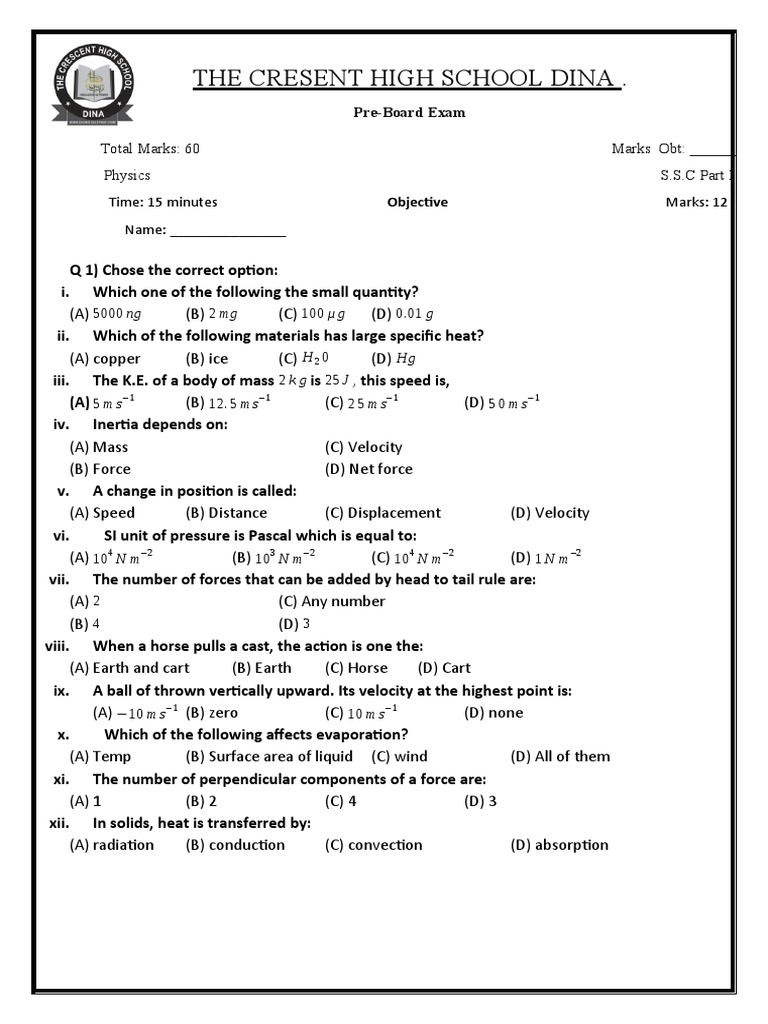 The Cresent High School Dina .: Total Marks: 60 Marks Obt: - Physics S ...