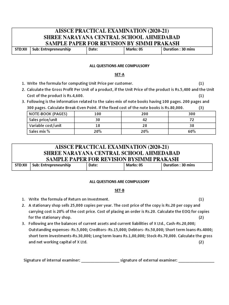 Aissce Practical Examination (2020-21) Shree Narayana Central School Ahmedabad Sample Paper For ...