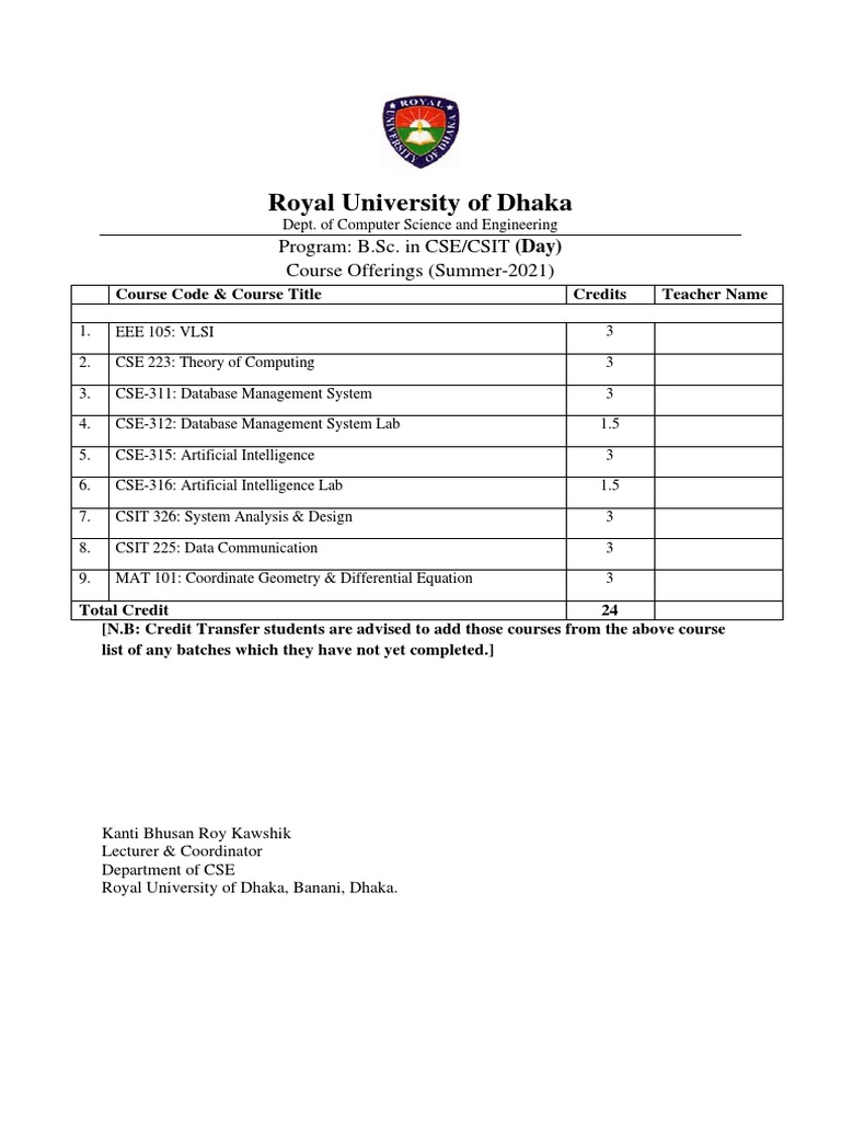 Royal University of Dhaka: Program: B.Sc. in CSE/CSIT (Day) Course Offerings (Summer-2021) | PDF ...