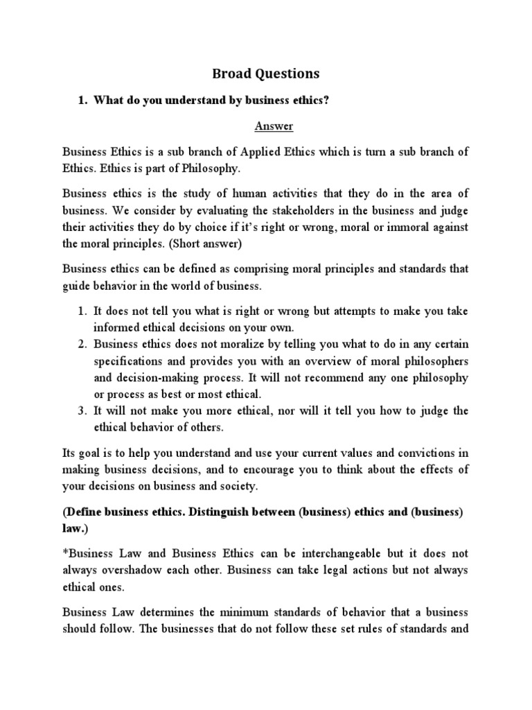 Broad Questions - Phi401 | PDF | Morality | Business Ethics