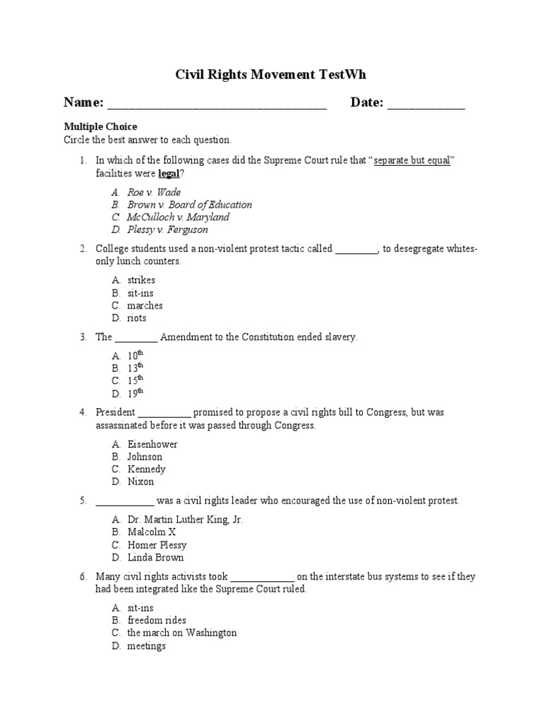 Civil Rights Movement Test | PDF | Jim Crow Laws | Social Movements