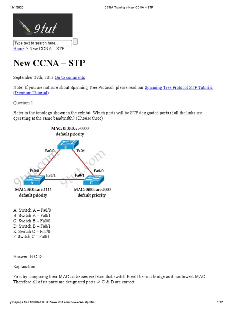 CCNA STP Practice Questions and Answers | PDF | Computer Mediated ...