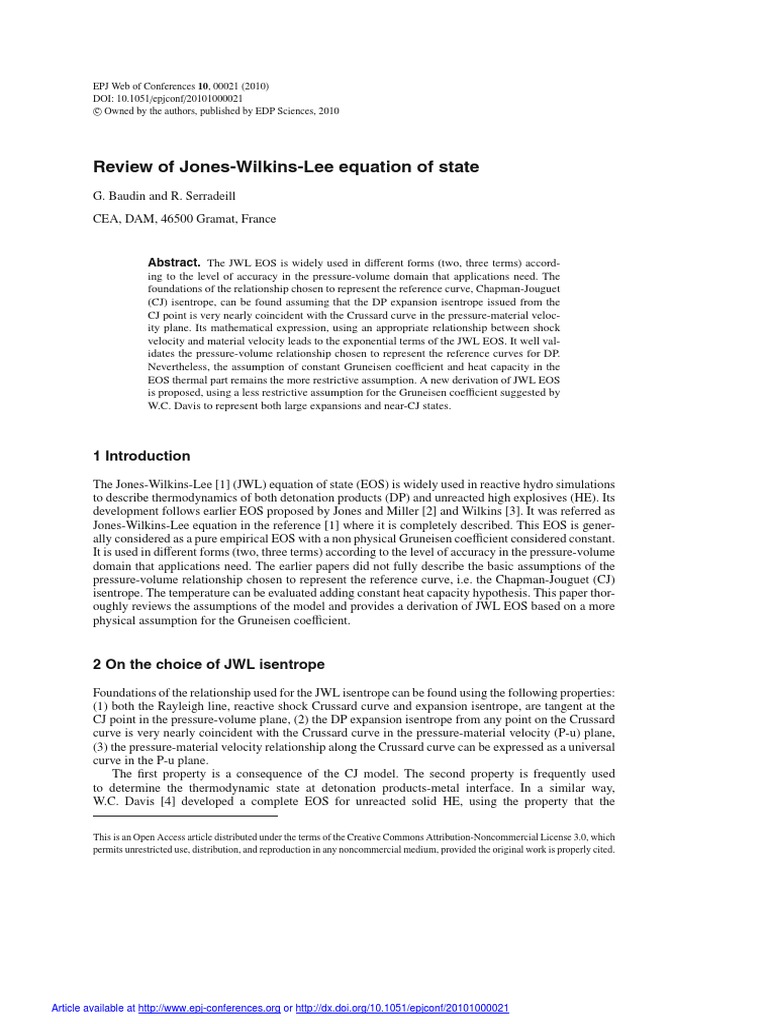 JWL Equations of State Coeffs. For High Explosives | PDF | Entropy ...