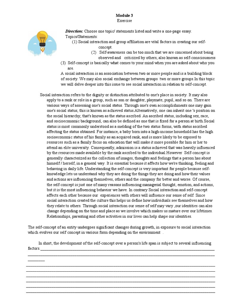 Direction: Choose One Topic/ Statements Listed and Write A One-Page ...