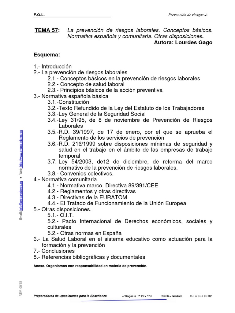 Tema 57 - Prevencion de Riesgos Laborales - 1 | PDF