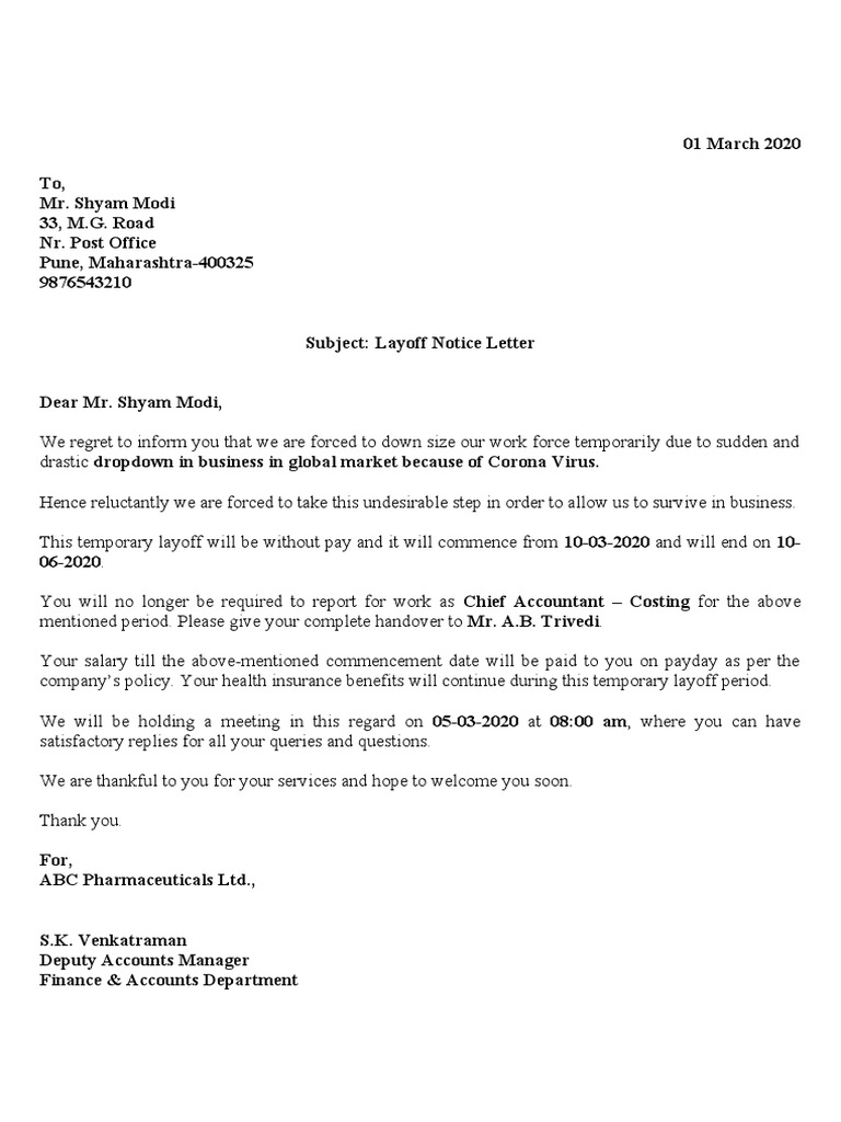 Temporary Layoff Notice Letter Due To Pandemic | PDF