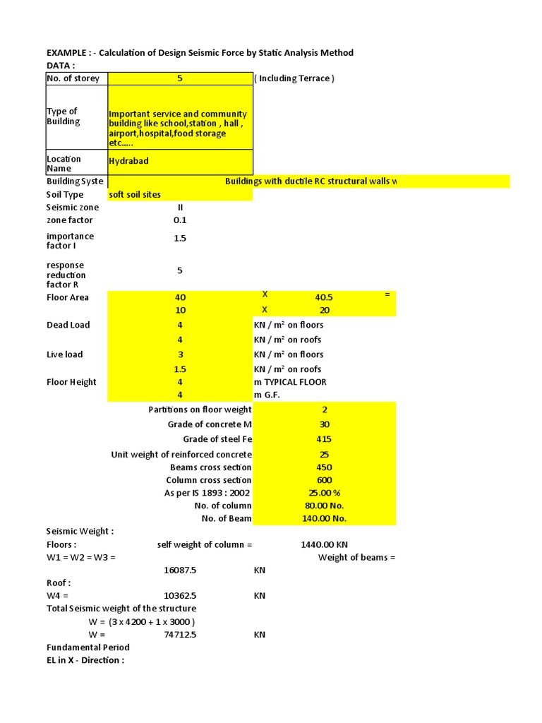 EXAMPLE: - Calculation of Design Seismic Force by Static Analysis ...