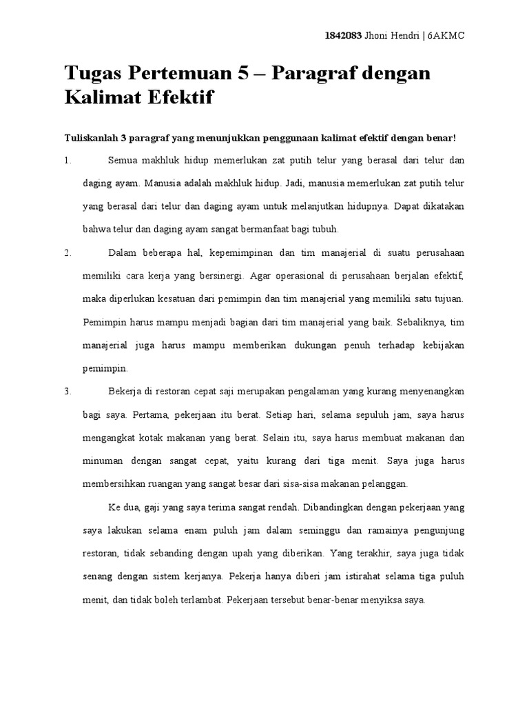Tugas Pertemuan 5 - Paragraf Dengan Kalimat Efektif | PDF