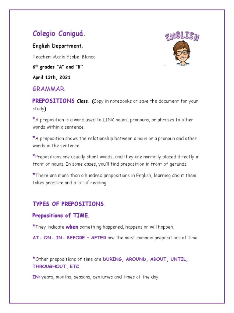 6th Grades A and B PREPOSITIONS Class. | PDF | Preposition And ...