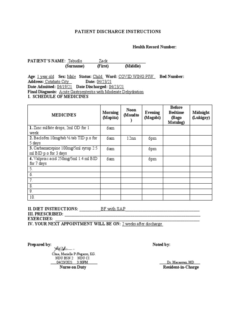 Patient Discharge Instructions: 6am 6am 12nn 6pm 6am 6pm 6am 6pm | PDF ...