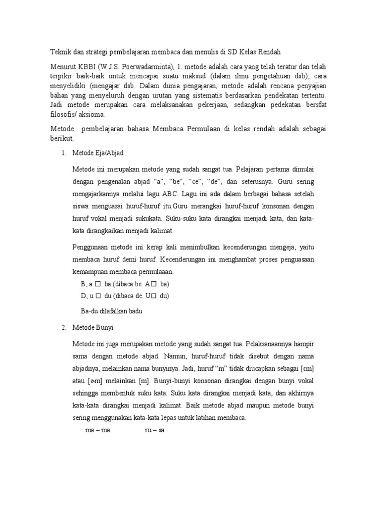 Teknik Dan Strategi Pembelajaran Membaca Dan Menulis Di SD Kelas Rendah ...