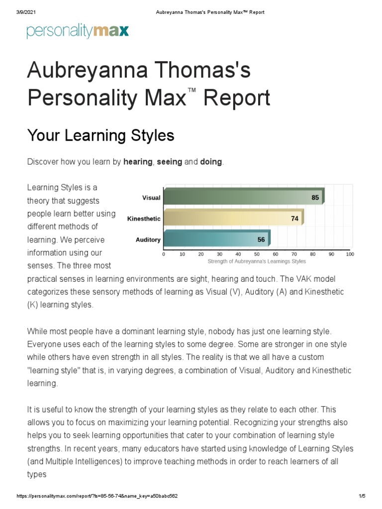 Aubreyanna Thomas's Personality Max™ Report | PDF | Learning Styles ...