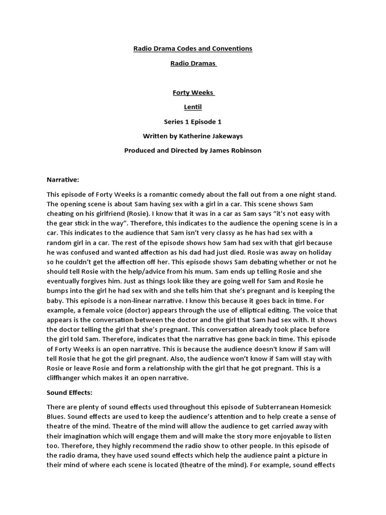 Radio Drama Analysis: Forty Weeks Episode 1 | PDF | Narrative | Monologue