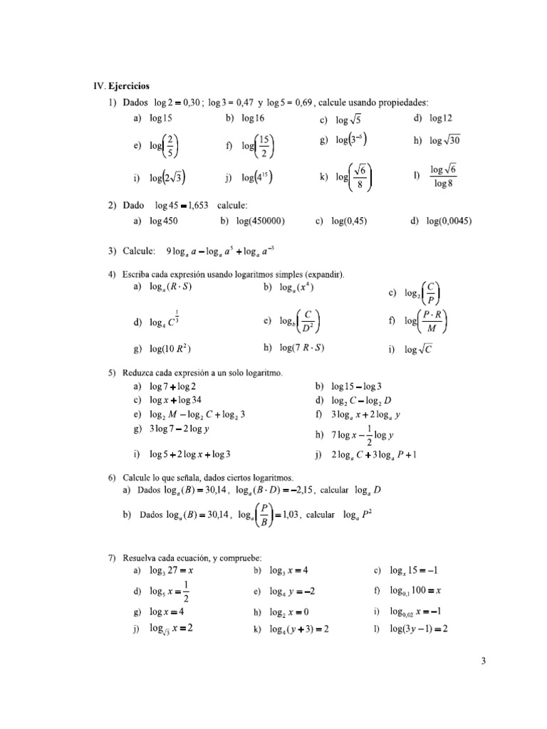 Ejercicios Propiedades de Los Logaritmos | PDF