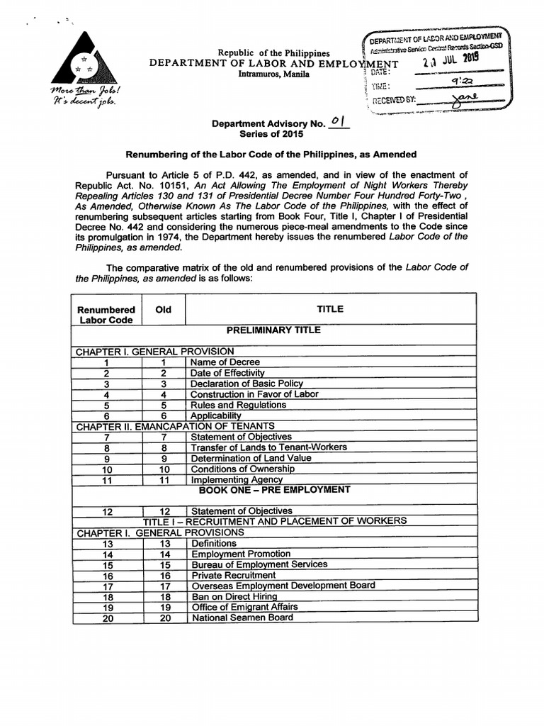 DOLE - Renumbering of The Labor Code (D.a. No. 1-2015) | PDF
