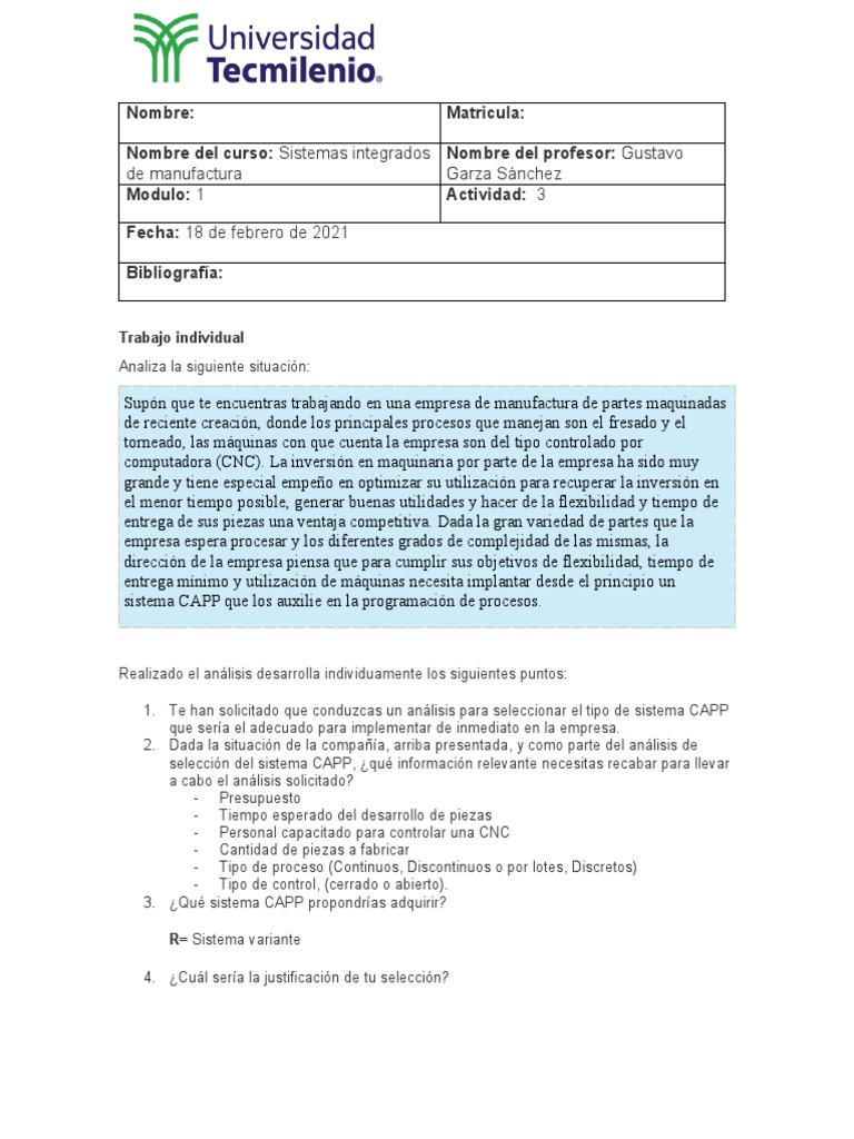 Actividad 3 Sistemas Integrados de Manufactura | PDF | Control numerico ...