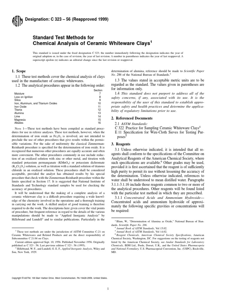 Chemical Analysis of Ceramic Whiteware Clays: Standard Test Methods For ...
