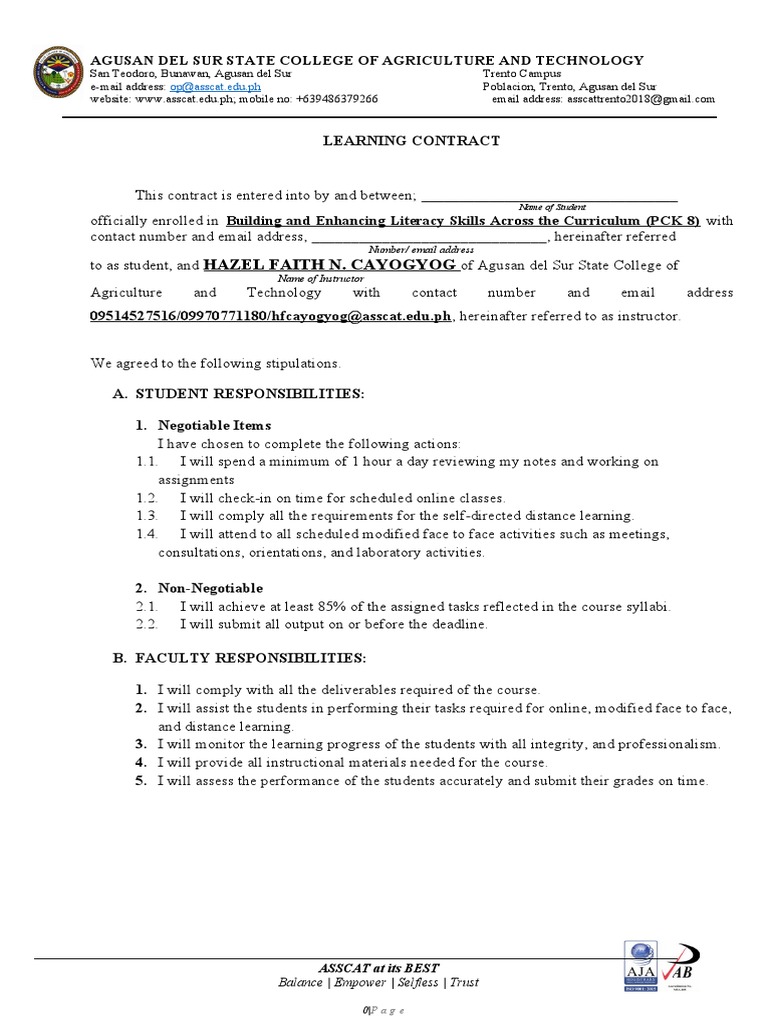 PCK 8 Learning Contract (Bsed) | Download Free PDF | Distance Education ...