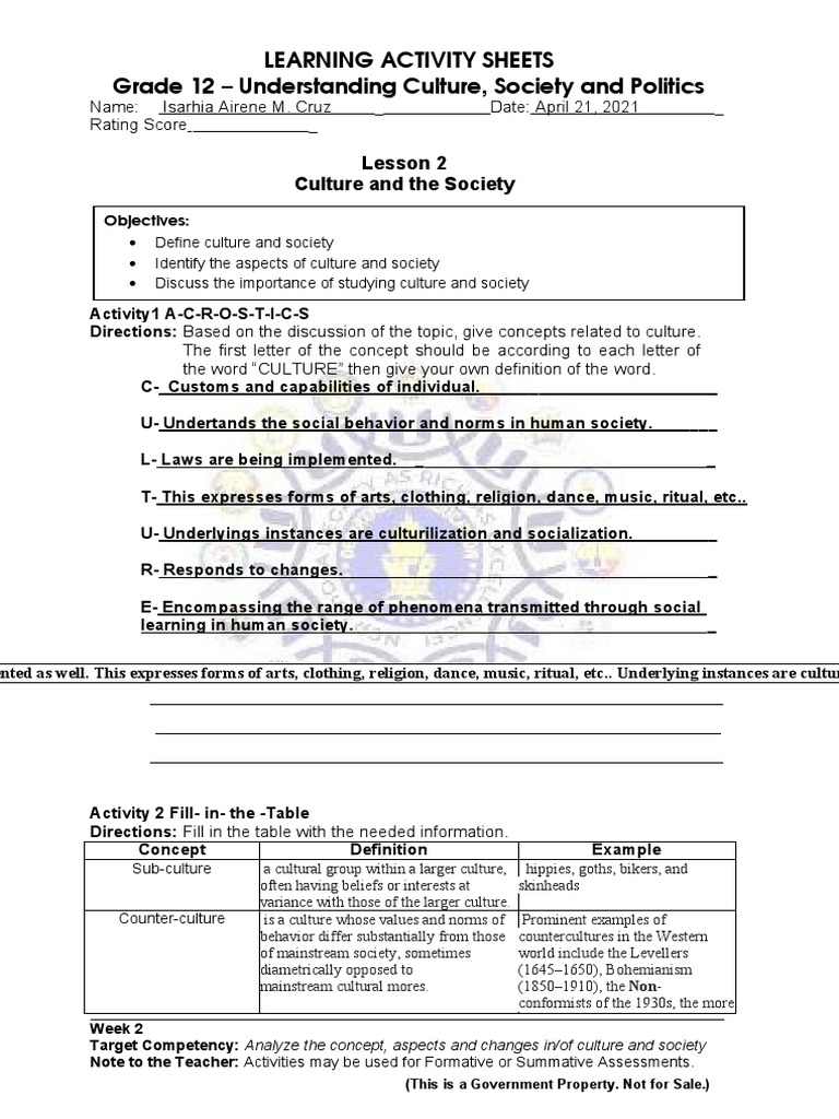 Learning Activity Sheets Grade 12 - Understanding Culture, Society and ...