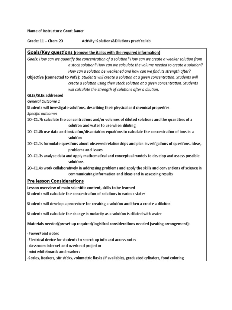 Chem 20 Lesson Plan - Solution Dilutions Lab | PDF | Solution ...